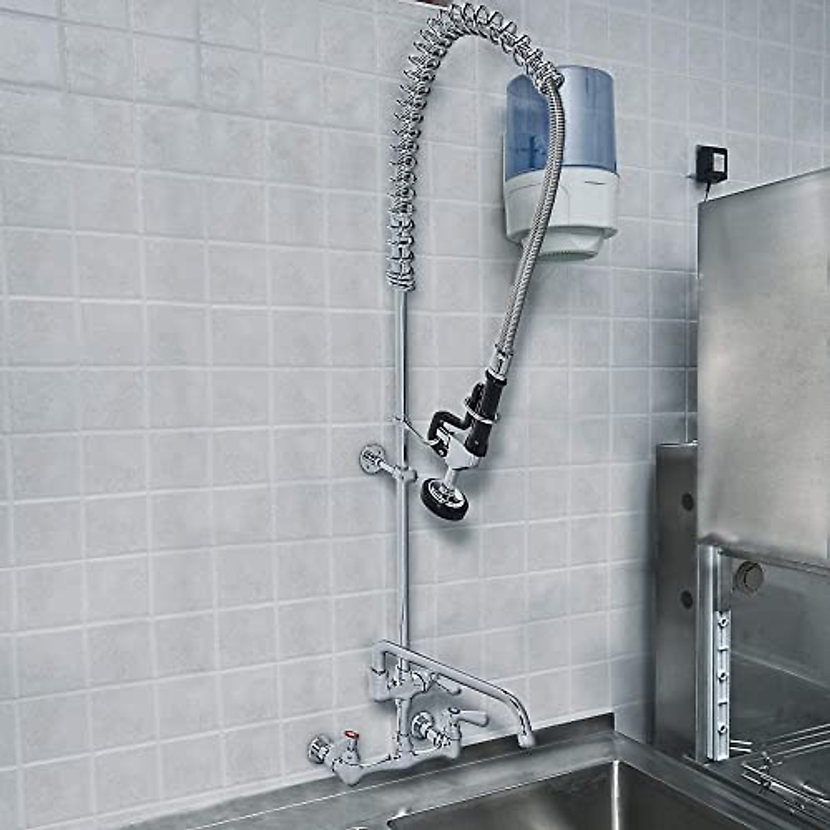 DuraSteel Commercial Kitchen Wall Mount Pre-Rinse Faucet, 38" Height 8" Center with Coiled Spring Pull Down Sprayer, Brass Constructed Polished Chrome Body, 1 Set