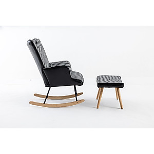 Lepfun Velvet 35.5 inch, Soft Houndstooth Leather Fabric Rocking Chair for Nursery,Comfy Wingback Glider Rocker with Safe Solid Wood Base for Living Room Bedroom and Balcony,Black