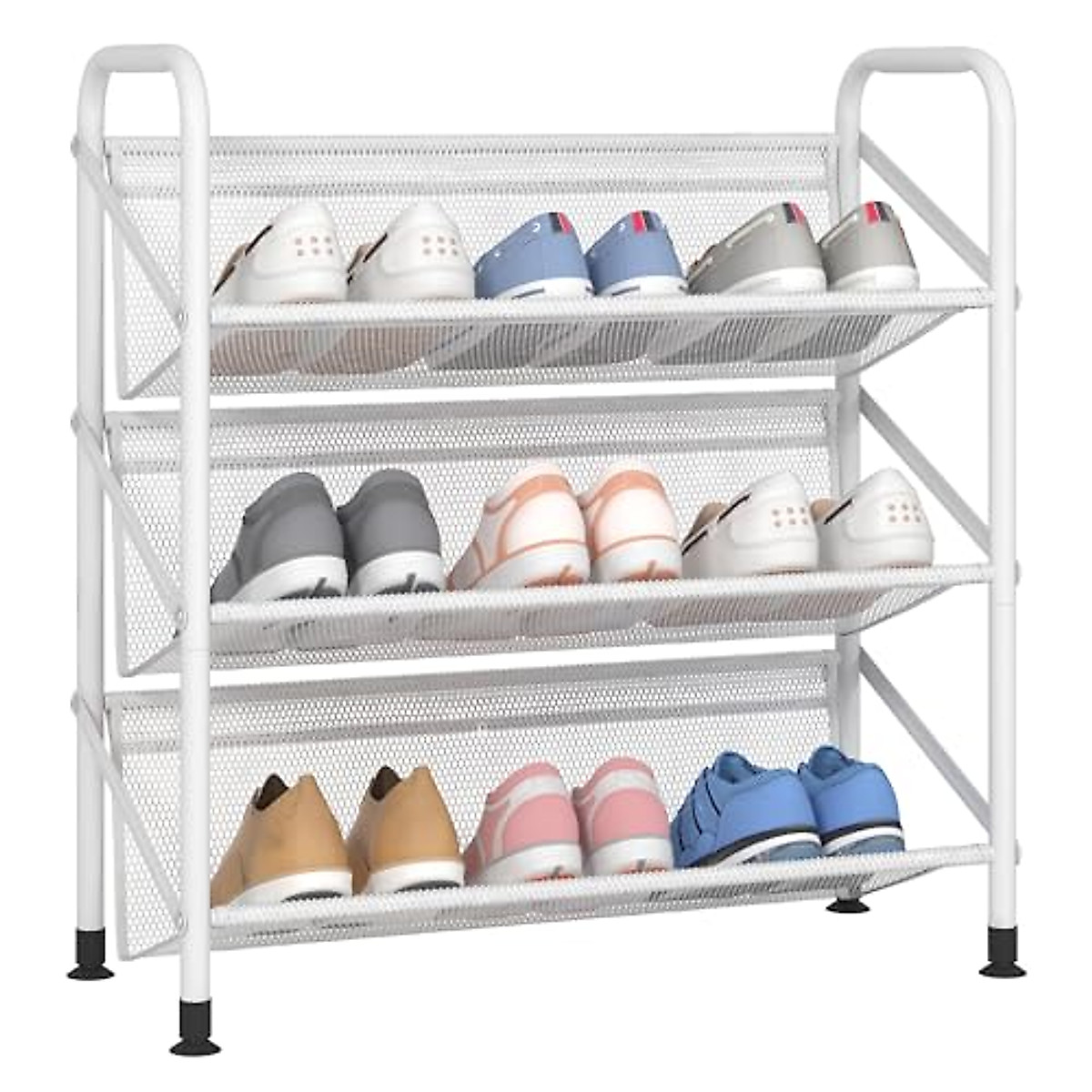 FKUO 3 Tier Shoe rack for closet Mesh fabric narrow Metal shoe racks, Small Shoe Storage Organizer Shelf for Entryway, Hallway, Dorm Room (White, Wider 3 Tier)