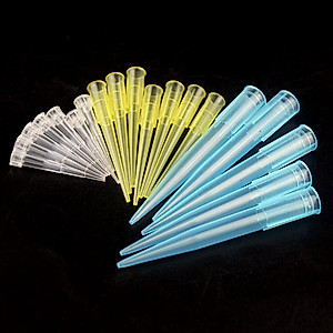 TOVOT 1500PCS Laboratory Universal Pipette Tips 3-Size Plastic Liquid Pipette Tips 10ul 200ul 1000ul (Yellow Blue Clear)