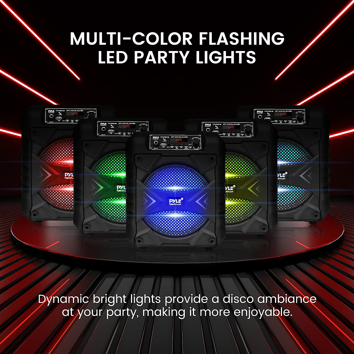 Pyle Portable Bluetooth PA Speaker System - 300W Rechargeable Indoor/Outdoor Bluetooth Speaker Portable PA System w/ 8” Subwoofer, AUX, Microphone in, Party Lights, MP3/USB, Radio, Remote PPHP854B