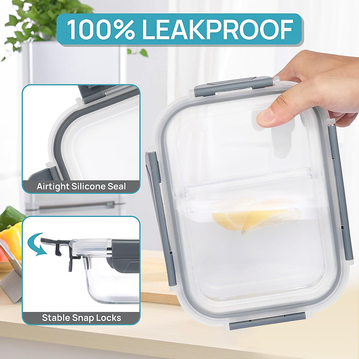 Vtopmart 5Pack 33oz Glass Food Storage Containers with Lids, Meal Prep Containers 2 Compartments, Airtight Lunch Containers Bento Boxes with Snap Locking Lids for Microwave, Oven, Freezer