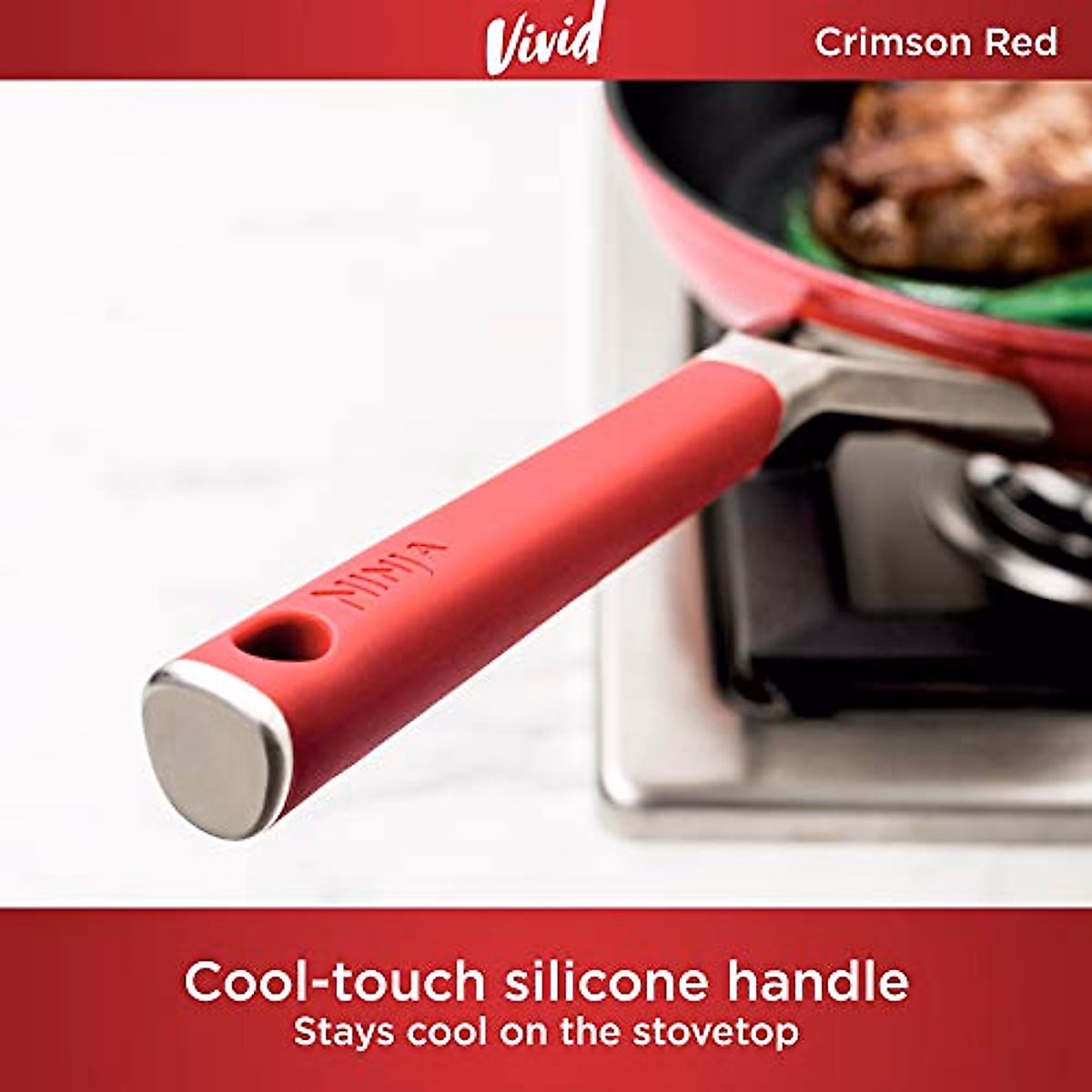Ninja C20130 Foodi NeverStick Vivid 3-Quart Sauté Pan with Glass Lid, Nonstick, Durable & Oven Safe To 400°F, Cool-Touch Handles, Crimson Red