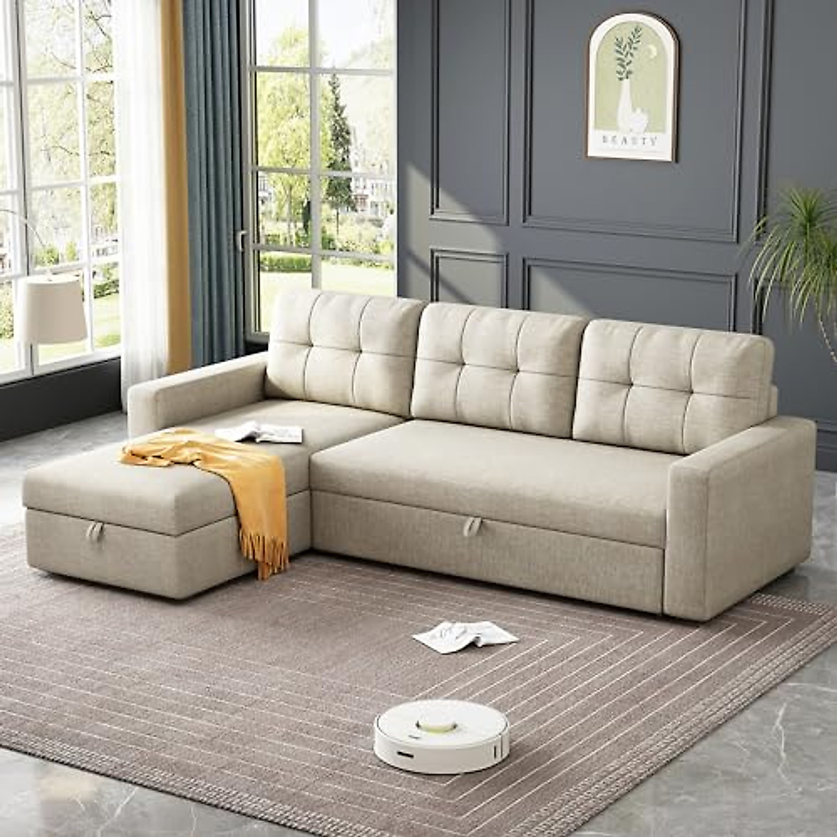 Ball & Cast 81.5" L-Shaped Convertible Sleeper Sofa, Upholstered Sectional Couch Pull Out Sofa-Bed with Storage Chaise & Removable Back Cushions, Beige