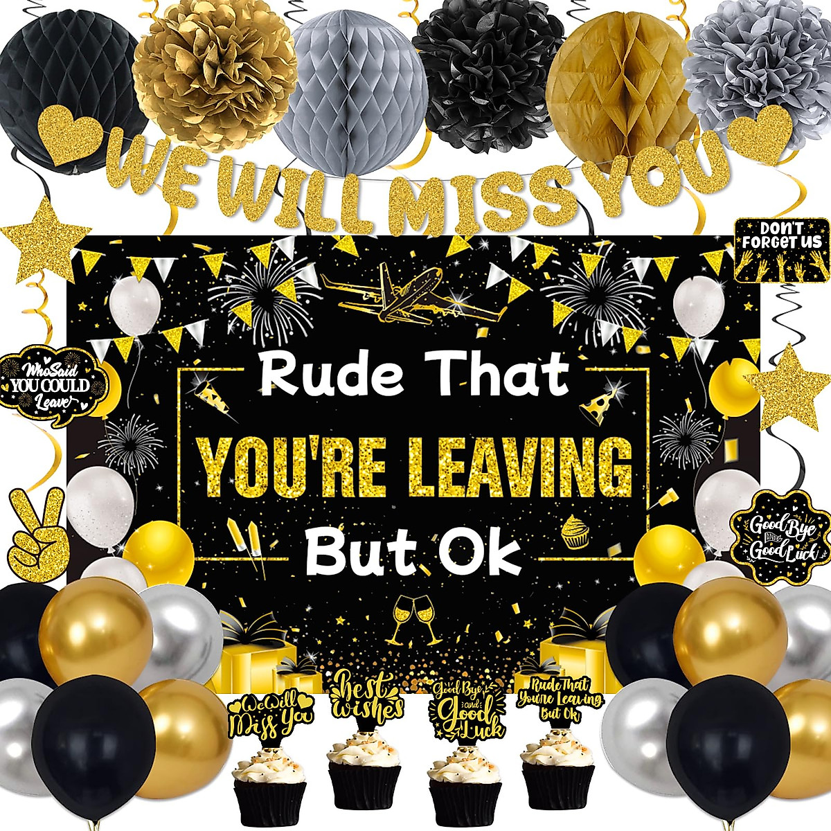 Farewell Party Decorations Men Women, Rude That You're Leaving But OK Black Gold, We Will Miss You Banner Party Decoration Coworker Going Away Retirement Party Farewell Goodbye Job Change Party Decor