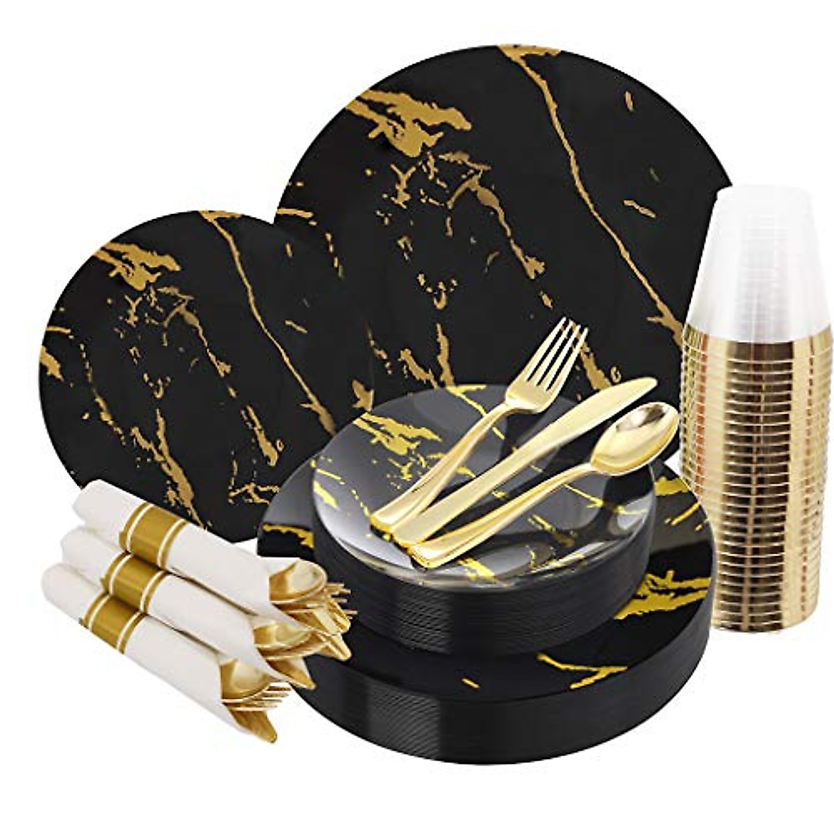 BUCLA 30Guests New Year Plates - Black And Gold Plastic Plates With Disposable Prewrapped Silverware Bulk And Gold Cups- Marble Design Disposable Plastic Dinnerware-Ideal For Thanksgiving and New Year