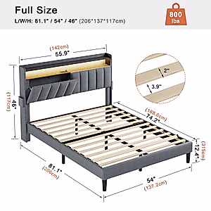 FYRENA Full Bed Frame with Storage Headboard & Footboard Modern Upholstered Platform Bed with LED Lights USB Ports & Outlets Strong Wood Slats Support No Box Spring Needed