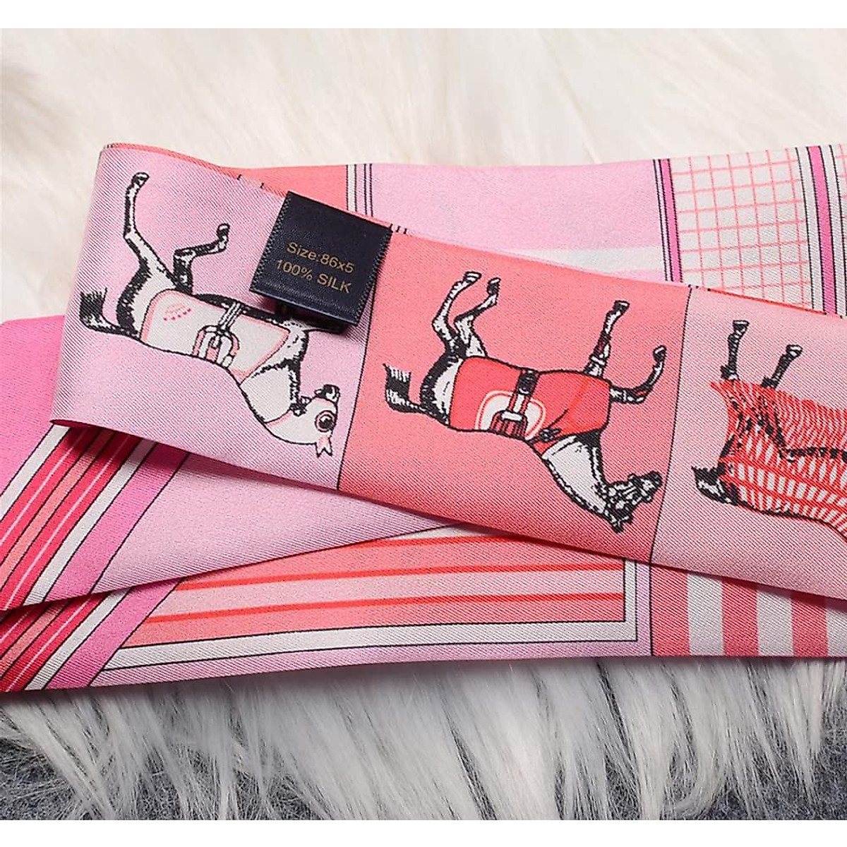 JERLA 100% Mulberry silk Scarf Bag scarf Head Hair Ribbon Handbag Handle wrap Tie Bundle Scarf Neckerchief Scarf for women (Horse pink)