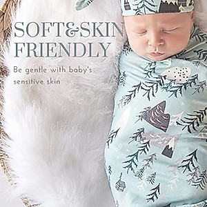 Bellasignoro Newborn Receiving Blanket Swaddle Blanket Hat Set for Baby Snug Wrap (Mountain&Tree)