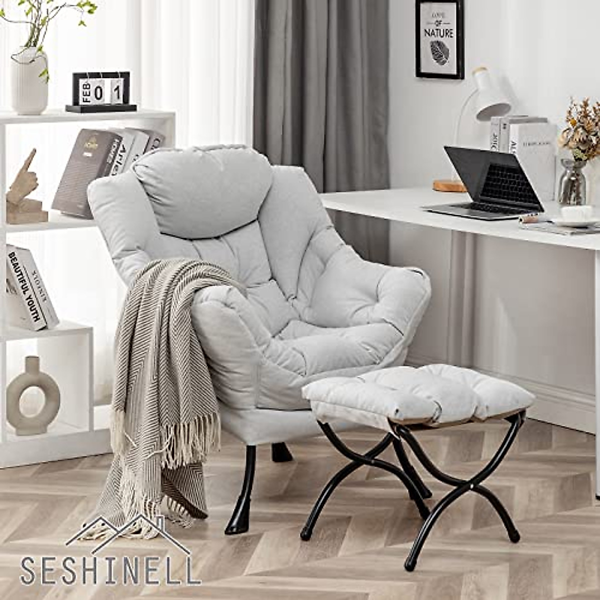 SESHINELL Lazy Chair with Ottoman, Modern Accent Chair Contemporary Lounge Leisure Sofa Chair with Armrests, Reading Chair and Folding Footstool Set for Living Room, Bedroom, Office, Light Grey