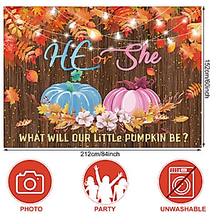 Moukeren 7 x 5 ft Fall Pumpkin Gender Reveal Backdrop He or She What Will Our Little Pumpkin Be Photography Background Party Supplies Thanksgiving Baby Shower Decoration Banner Photo Booth Props