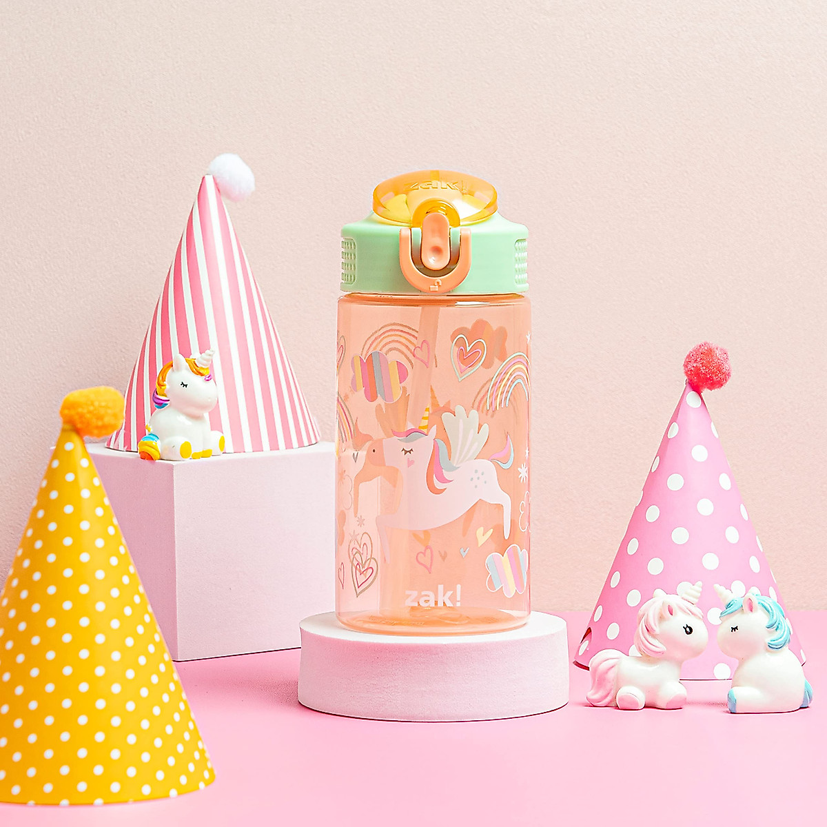 Zak Designs Kids Water Bottle For School or Travel, 16oz Durable Plastic Water Bottle With Straw, Handle, and Leak-Proof, Pop-Up Spout Cover (Unicorn)