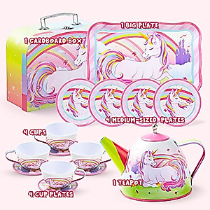 JOYIN Unicorn Tea Set for Toddlers Tea Party Set for Children Kids Pretend Role Play Tin Teapot Set with Cups, Plates and Carrying Case Kitchen Toy for Little Girls Birthday Gifts Age 3 4 5 6