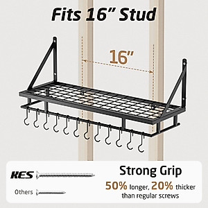 KES 30-Inch Kitchen Pan Pot Rack Wall Mounted Hanging Storage Organizer Wall Shelf with Hooks Matte Black, KUR215S75A-BK