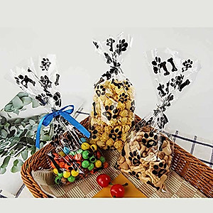 Mosoisy 100 Pack Paw Print Clear Plastic Cellophane Bags - Dog Paw Treat Bags 10.5X5" With Ribbon and Twist Ties Dog Gift Bags Candy Bags Cookie Bags Treat Bags with Ties and Ribbon Cellophane Treat Bags for Dog Party Favor and Supplies