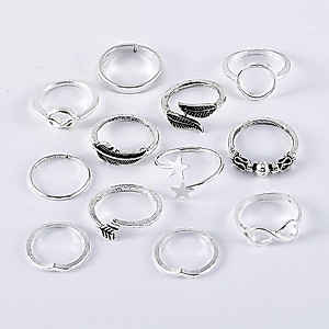 YOOESTORES82 12-20 Pcs Boho Silver Knuckle Ring Set Star Moon Wave Feather Stackable Rings Vintage Turquoise Multiple Midi Finger Ring Sets for Women (A)