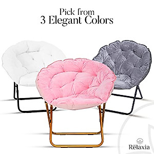 Rëlaxia Saucer Chair with Footrest | 31.5x31.5x31.5’’ | Fluffy Faux Fur Moon Chair with Steel Legs | Foldable Comfy Chair for Bedroom | Stylish Saucer Chairs for Adults and Kids - Pink