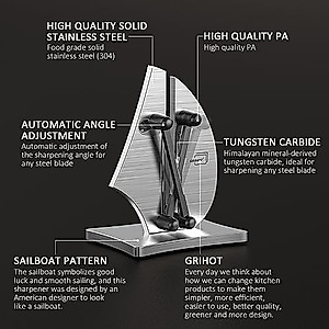 Grihot Professional Knife Sharpener | 3-Function Knife Sharpeners for Kitchen Knives, Self-Adjusting Sharpening AngleSolid Stainless Steel and Tungsten Carbide (Upgrade Sailboat Shape)