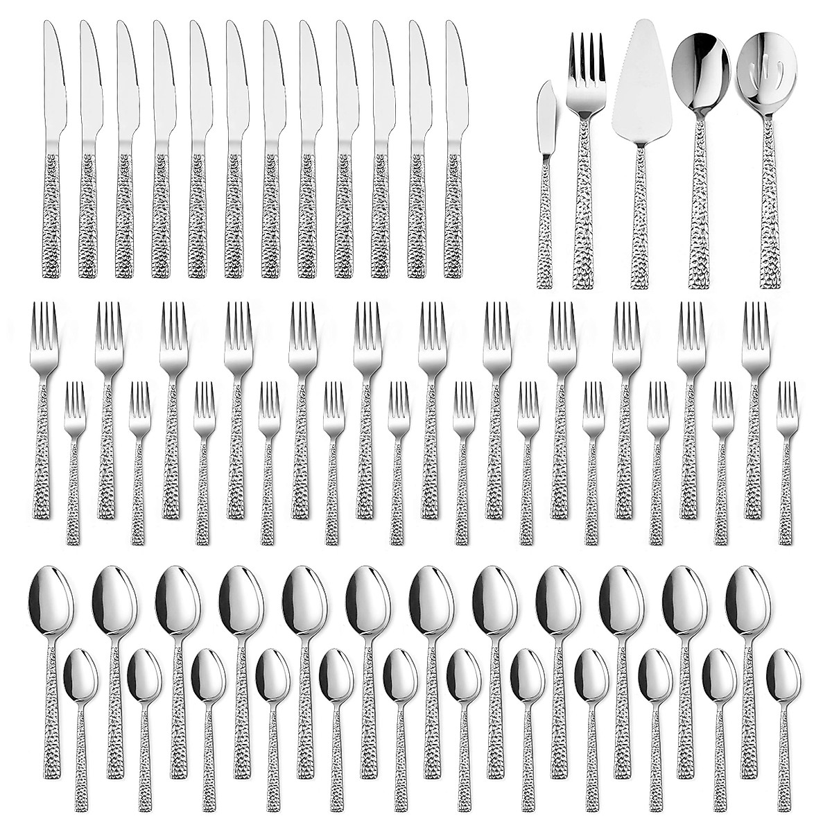 65-Piece Silverware Set with Serving Pieces, E-far Stainless Steel Hammered Flatware Eating Utensils Service for 12, Modern Tableware Cutlery Set with Square Edge, Mirror Polished, Dishwasher Safe
