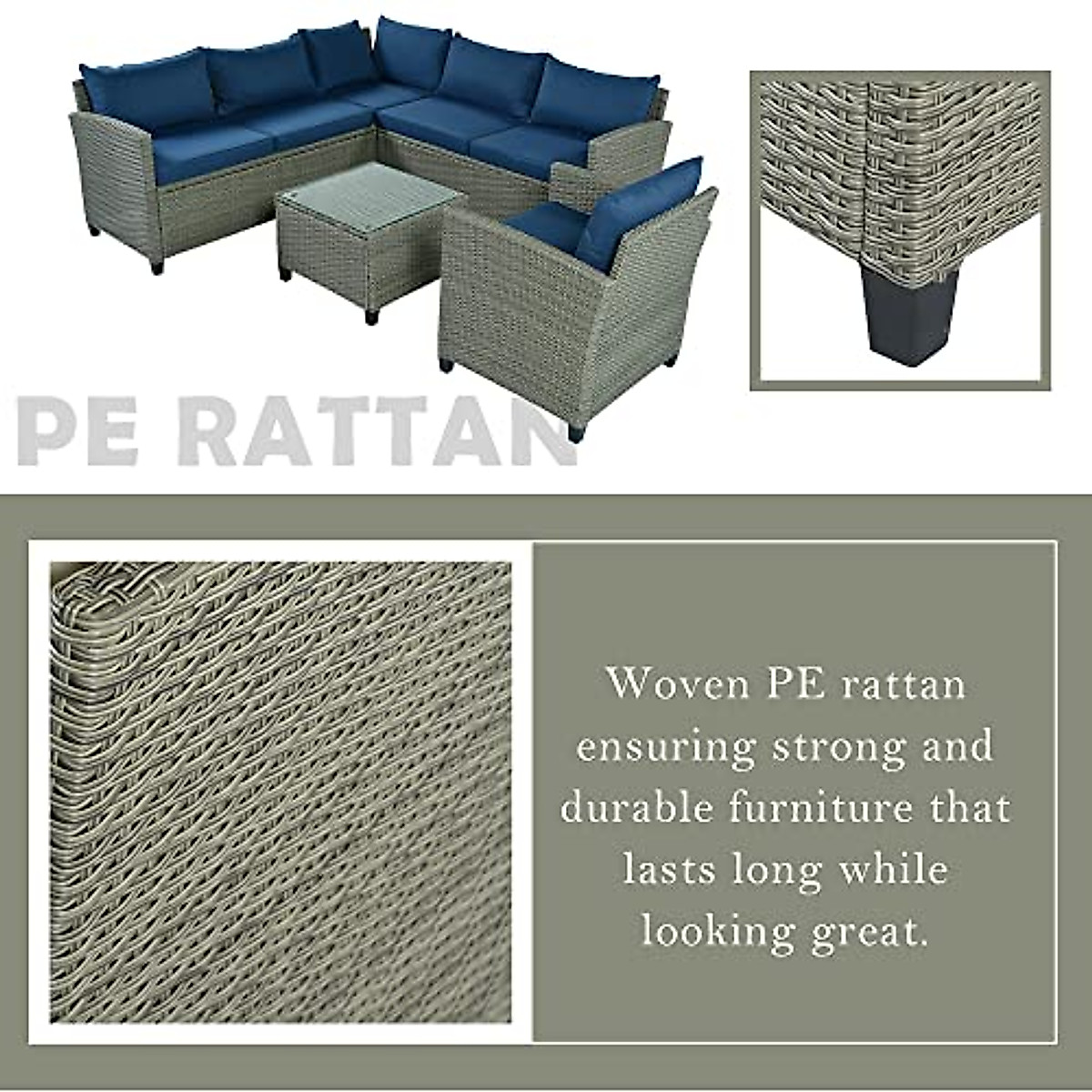 EMKK Outdoor Patio Furniture Conversation Set 5 Pieces All Weather PE Wicker Rattan Sectional Sofa Couch with Cushions and Glass Table for Lawn, Backyard, Garden, C-Blue