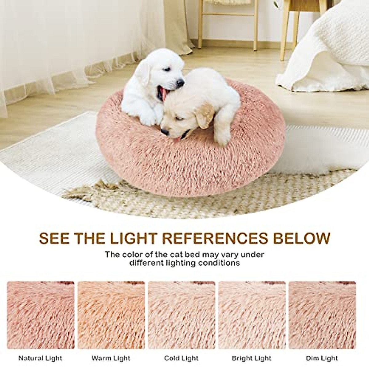 CAPSCEOLL Warm and Calming Dog Bed Washable Dog Bed Round Donut Dog Bed Soft Fluffy 23 Inches Anti-Anxiety Bed for Small Medium Dogs and Cats,Skin Pink