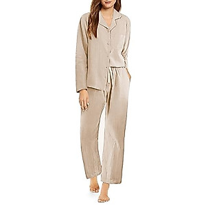 Ekouaer Pajamas Set for Womens 2 Piece Cotton Plaid Loungewear Long Sleeve Sleepwear Soft Button Down Shirts Pjs with Pockets Khaki
