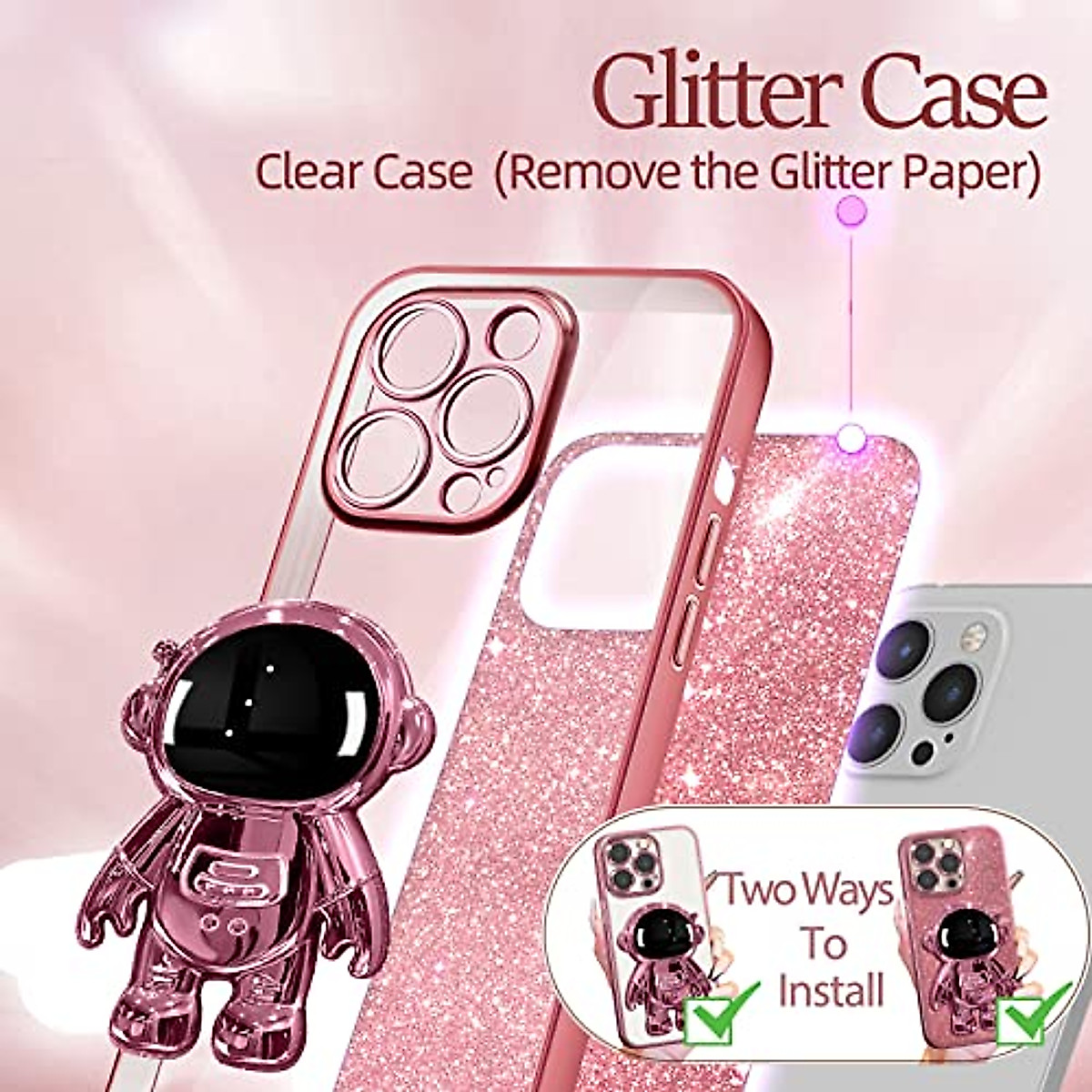 Buleens for iPhone 12 Pro Max Case Astronaut, Clear Cases for iPhone 12 Pro Max with Glitter Paper & Spaceman Stand, Women Girls Cute Electroplated Sparkly Space Phone Cover for 12 Promax