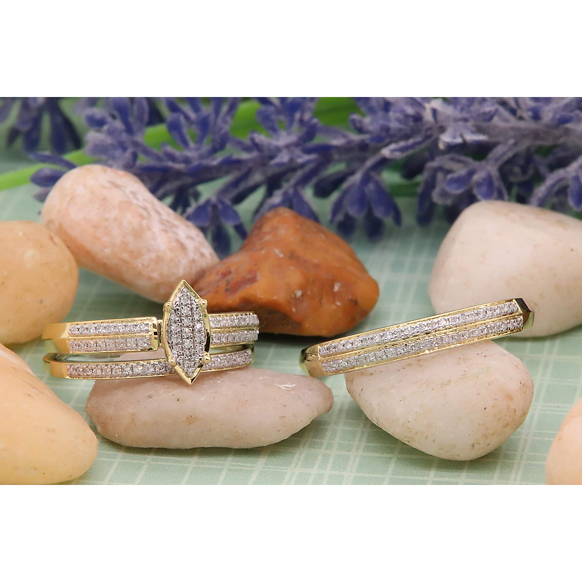 Dazzlingrock Collection 0.25 Carat Round White Diamond Marquise Trio Ring Set in 14K Yellow Gold, Women Size 5.5 and Men Size 12.5