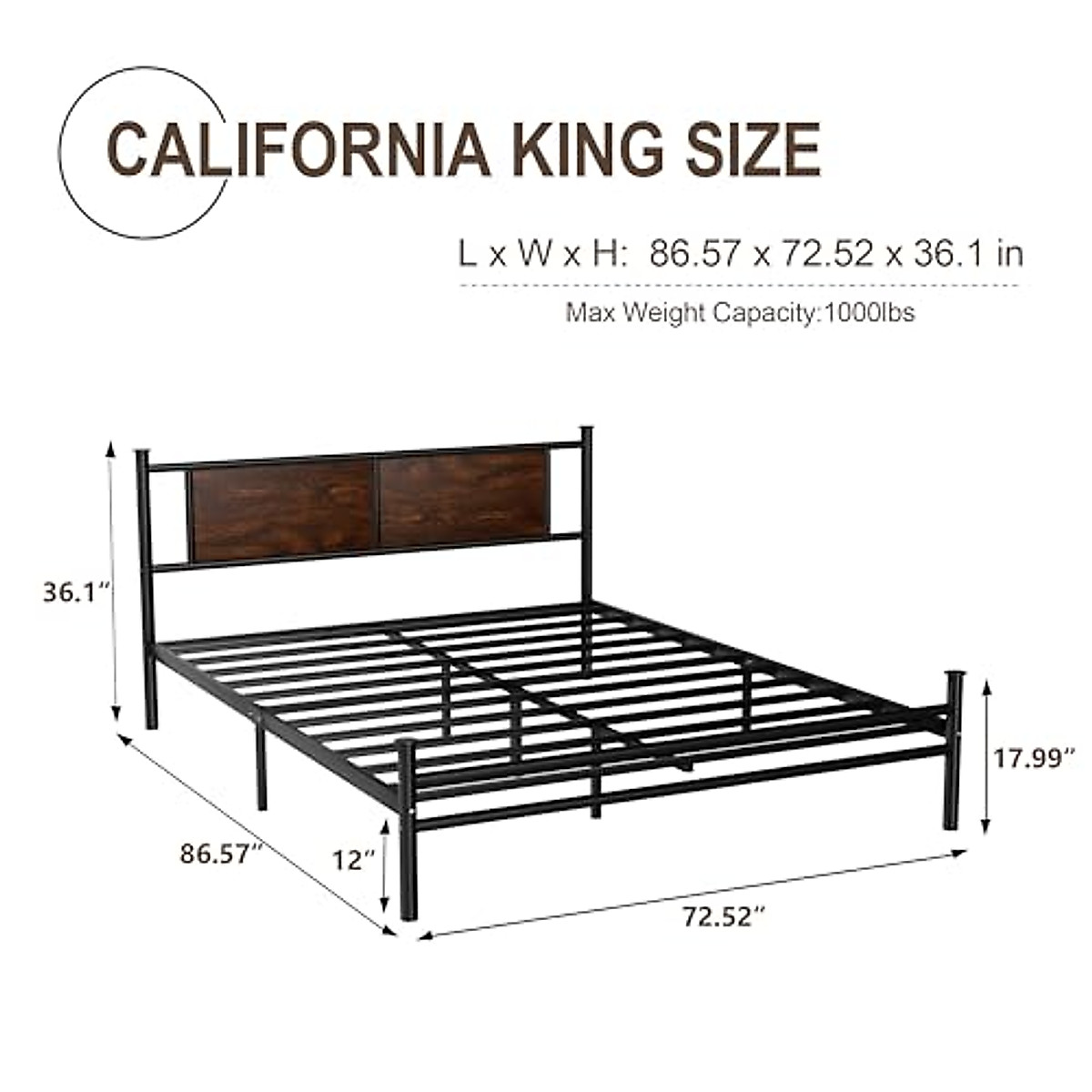 HAOARA California King Size Bed Frame with Rustic Wood Headboard, Metal Heavy Duty Platform Frame, Sturdy Steel Slat Support, No Box Spring Needed, Black