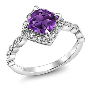Gem Stone King 925 Sterling Silver Purple Amethyst and Moissanite Solitaire Ring For Women (1.74 Cttw, Cushion Cut 7MM, Gemstone, Available in Size 5, 6, 7, 8, 9)