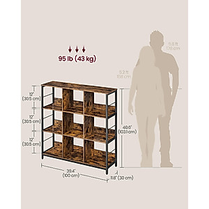VASAGLE Bookshelf, Bookcase, 9 Cubes Storage Organizer, Industrial Open Display Shelf, for Bedroom, Office, Living Room, Metal Frame, Rustic Brown and Black ULLS112B01