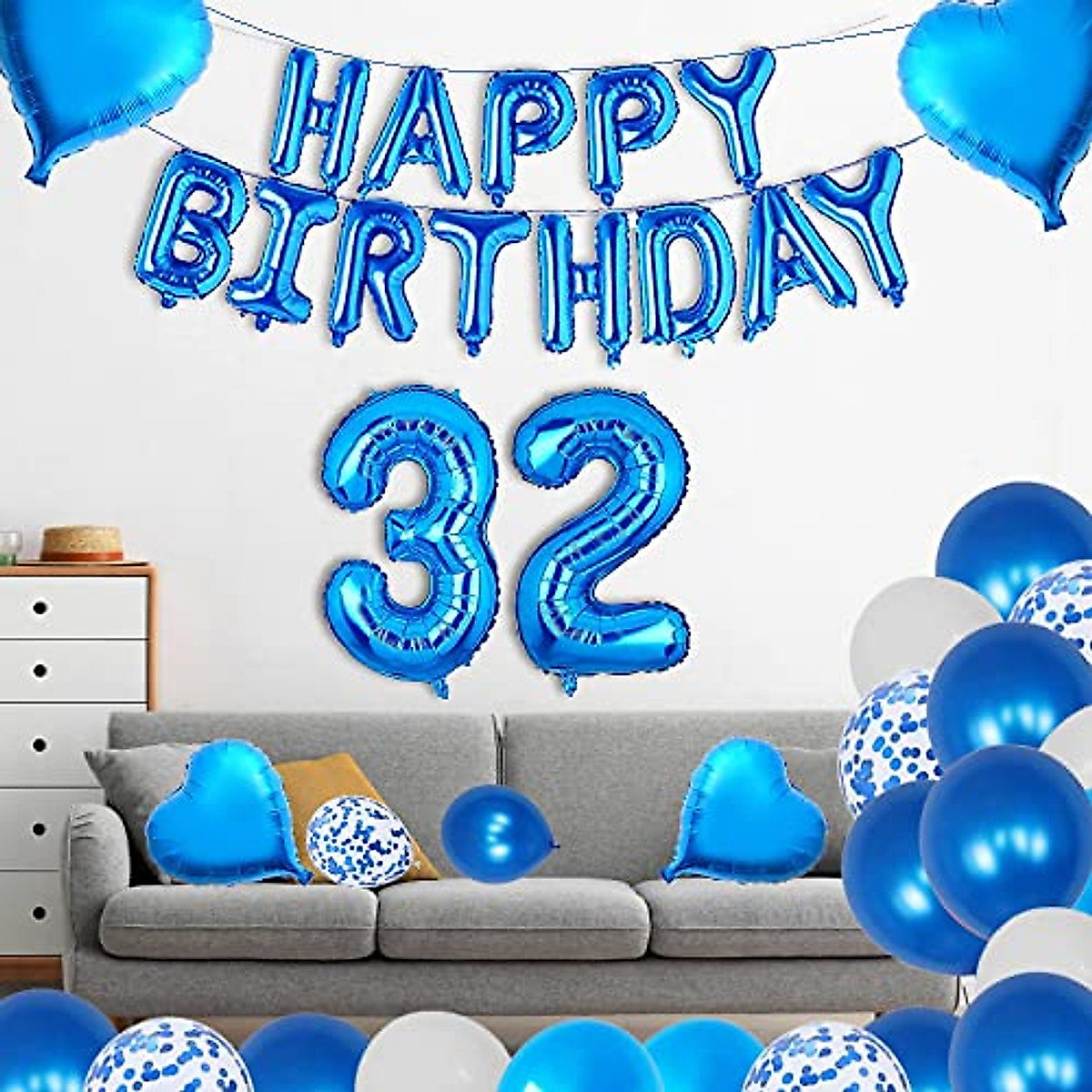 yujiaonly 32ND Birthday Party Decorations Blue Happy Birthday Foil Balloons Blue Number 32 Happy birthday Sash Cake Topper Latex and Confetti Balloons original garland Banner Number 32 (762917940014)