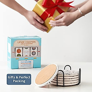 LIFVER Coasters for Drinks, Absorbent Coasters with Holder, Coasters Set of 6, Avoid Furniture Being Scratched, Funny Housewarming Gift for Home Decor and Kitchen, 4 inches, Granite-Style