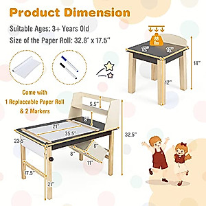 TUOCHUFUN Kids Art Table and Chair Set, Wooden Drawing Painting Craft Center with Paper Roll, 2 Markers, 2 Storage Bins, Kids Activity Play Table with 2 Stools for Boys Girls Ages 3+