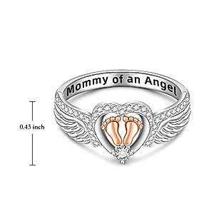 Angel Wing Ring for Women Mothers Sterling Silver Mommy of An Angel Rings Remembrance Footprint Band Memorial Keepsake Jewelry Size 8
