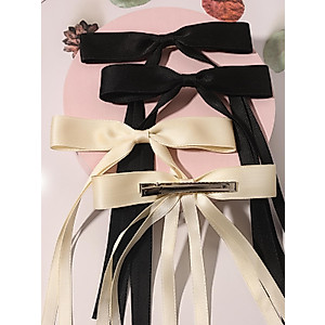 4pcs Hair Clips for Women Tassel Ribbon Bowknot With Long Tail, Clip Girl, Solid Accessories Barrettes Claw Bow (Black&Beige)