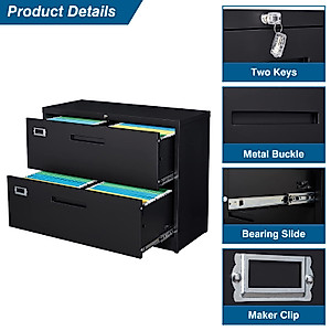 PEUKC 2 Drawer File Cabinet, Lateral Filing Cabinets for Home Office, Office Storage Drawers with Lock, Hanging Files Legal/Letter A4 Size (Assemble Required,Black)