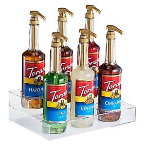 Acrylic Bottle Holder, Coffee Syrup Rack Display Case | 2-Tiered 6 Bottle | Wine Bar Bottle Rack, Clear Shelf Rack for Kitchen, Countertop, Fridge Pantry Storage Organizer - Wine, Soda, Cans, Liquor