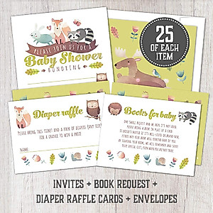 A Set of 25 Woodland Animals Baby Shower Invitations, Diaper Raffle Tickets and Baby Shower Book Request Cards with Envelopes. Gender Neutral Invites Perfect for Baby Boys and Baby Girls.
