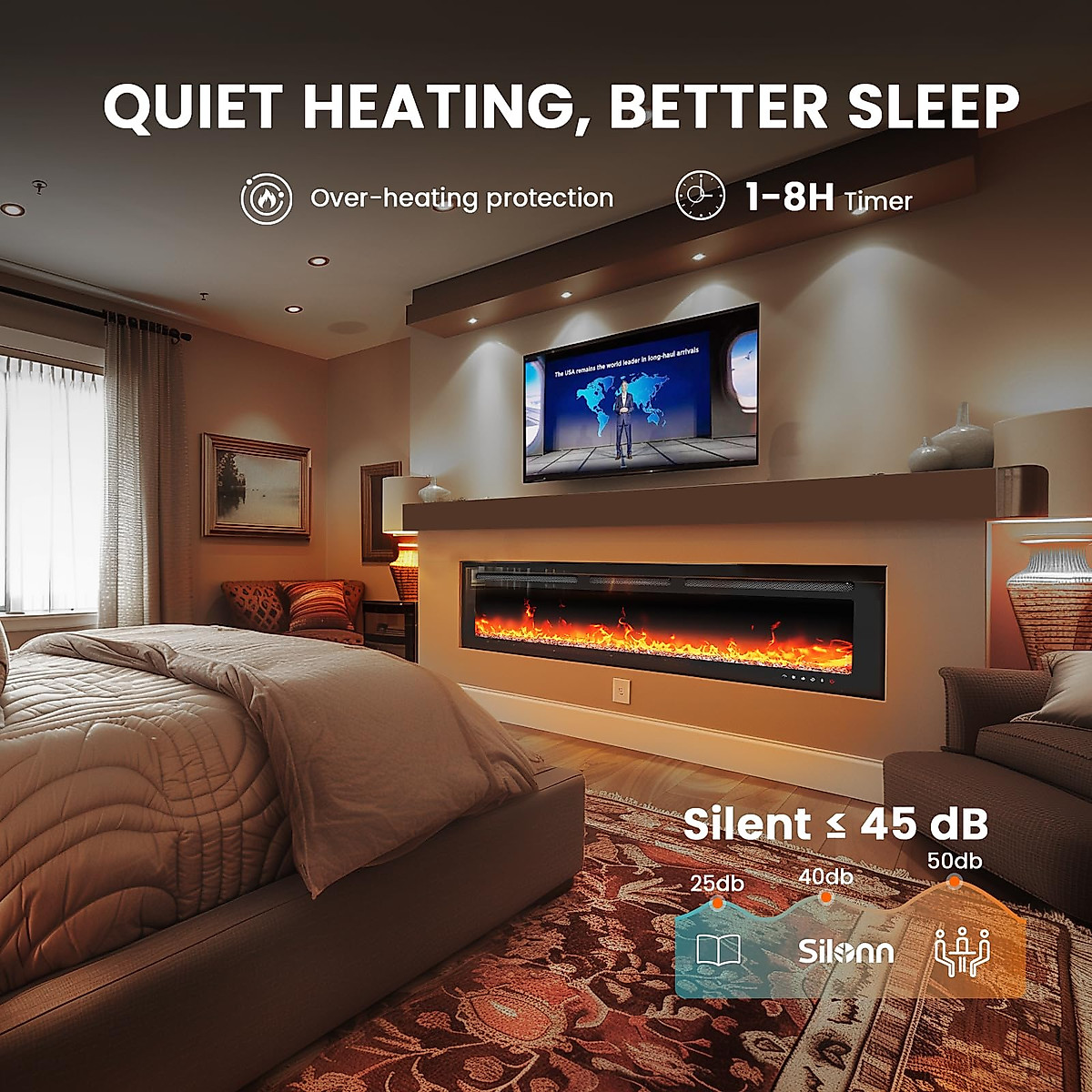 Silonn 60″ Electric Fireplace Heater with App & Remote Control, 5300 BTU Heat Output, Ultra-Slim Wall-Mounted or Recessed Electric Fireplace Inserts with Timer, 20 Flame Colors, SLELF02B-60