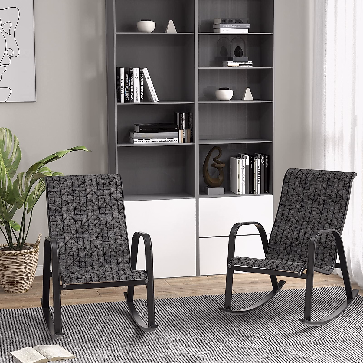 Grand patio Outdoor Rocking Chair Mesh Sling Rocking Chair Seating Outside for Front Porch Garden Patio Backyard (Black&Grey Plaid, 2 Piece)