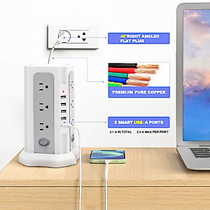 Power Strip Tower Surge Protector with 5 USB Ports, 12 Multiple Outlets, 6.5 FT Flat Plug Extension Cord, 13A 1050J Overload Protection, Desktop Charging Station for Home Office Dorm Room