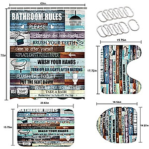 Rustic Quotes Bathroom Rules Shower Curtain Sets with Non-Slip Rug, Toilet Lid Cover and Bath Mat, Teal Inspirational Shower Curtain with 12 Hooks, Vintage Wooden Farmhouse Blue Bathroom Sets