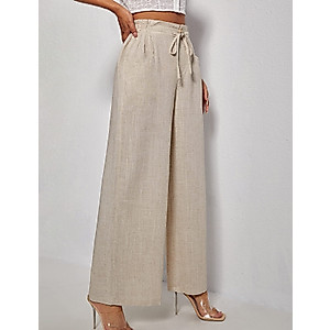Ugerlov Women's Paperbag Waist Drawstring Linen Pants Wide Leg High Waisted Lounge Casual Trousers with Pockets, Apricot, XL