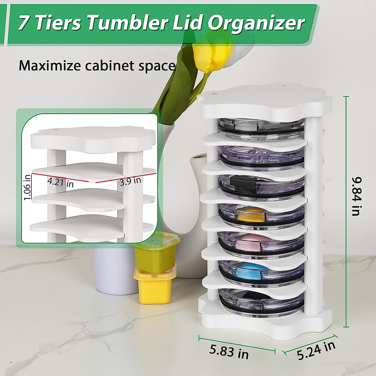 Exttlliy Tumbler Lid Organizer for Cabinet Tumbler Organizer for Kitchen Cabinets Bamboo Cup Lid Organizer for Water Bottles Tumbler Lid Holder Storage Rack for Countertop Cabinets Pantry (White)