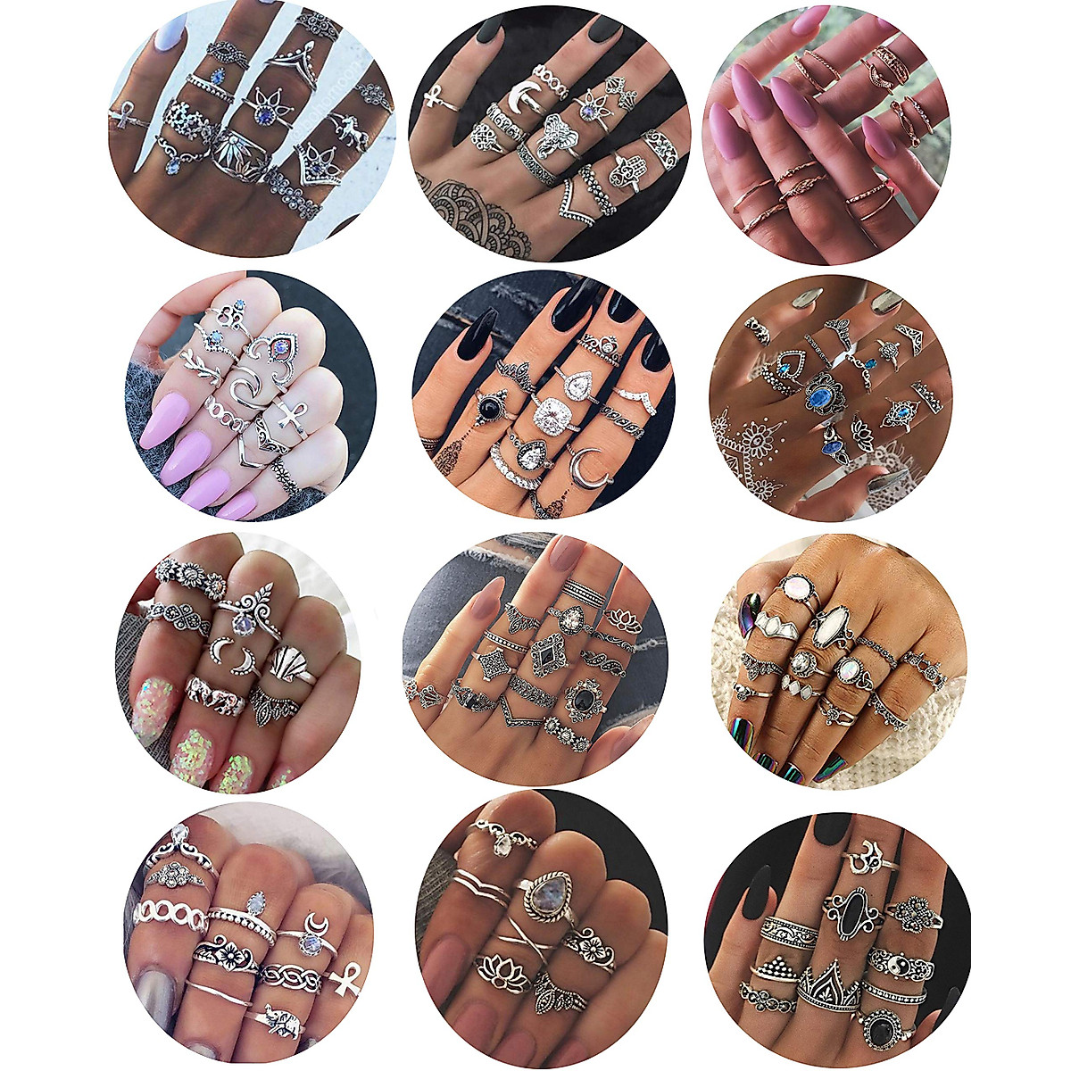 LOYALLOOK 132PCS Bohemia Knuckle Ring Set Women Hollow Silver Fashion Finger Rings Vintage Stackable Knuckle Midi Rings Set, Boho