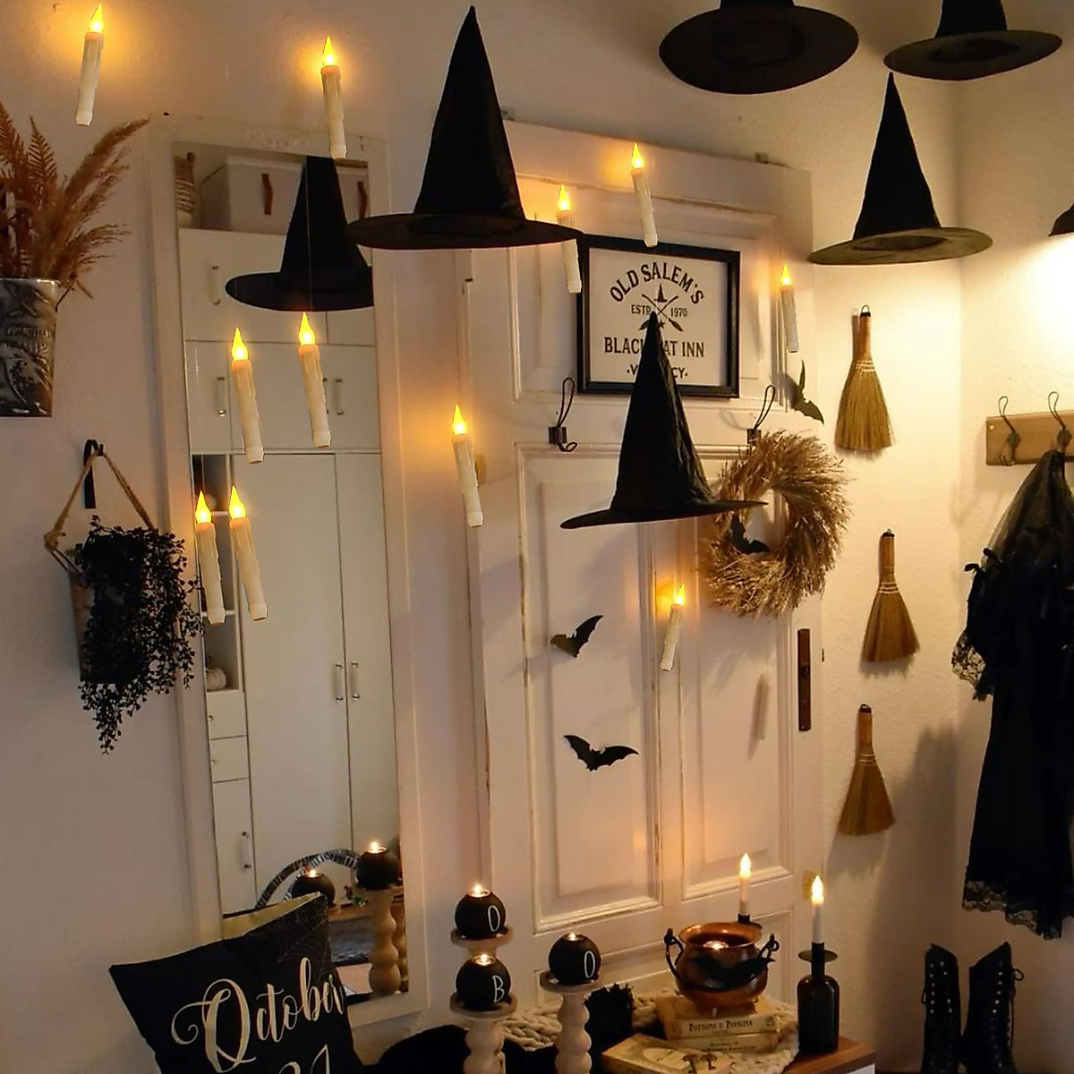 Halloween Decorations - 12Pcs Floating Candles with Wand - Flickering Warm Light Flameless Hanging Candles Set Decor for Indoor Home Bedroom