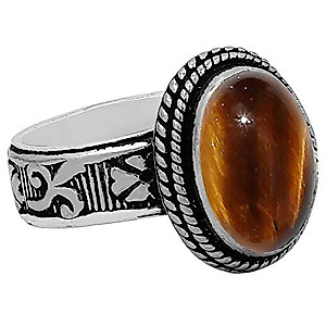 Tiger Eye Ring Size 9 Sterling Silver Plated For Women, Brown Stone June Birthstone Southwest Bohemian Jewelry Christmas Mother's Day Gifts For Her