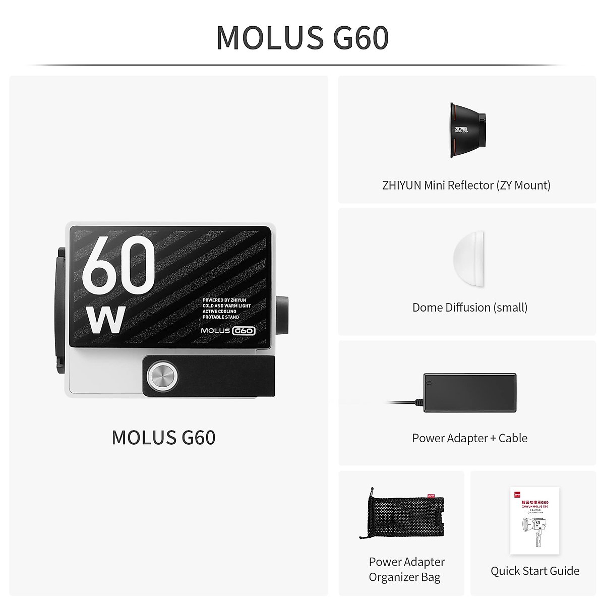 ZHIYUN Molus G60, Bi-Color Video Light, 300g Portable 60W COB LED Continuous Output Lighting, CRI≥96, TLCI≥97, Bluetooth App Control, ZY Mount Ecosystem DC/PD Power Supply