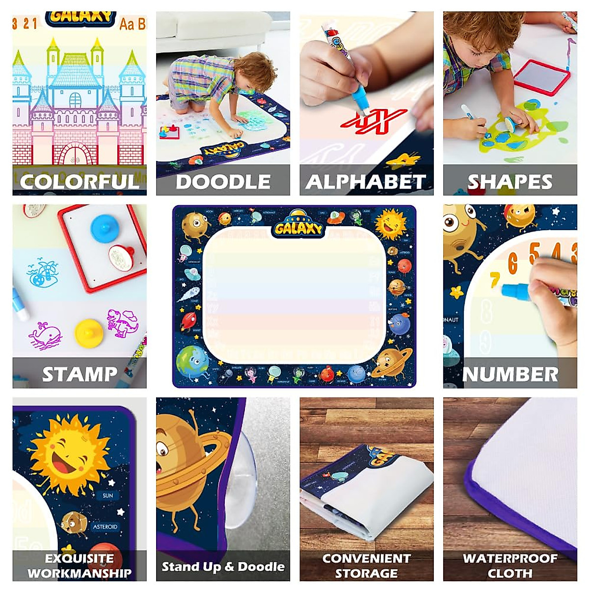 Jasonwell Aqua Water Doodle Mat 48 x 36 Inches Large Magic Drawing Doodling Mat Coloring Mat Educational Toys Christmas Birthday Gifts for Kids Toddler Boys Girls Age 2 3 4 5 6 7 8 Year Old (Galaxy)